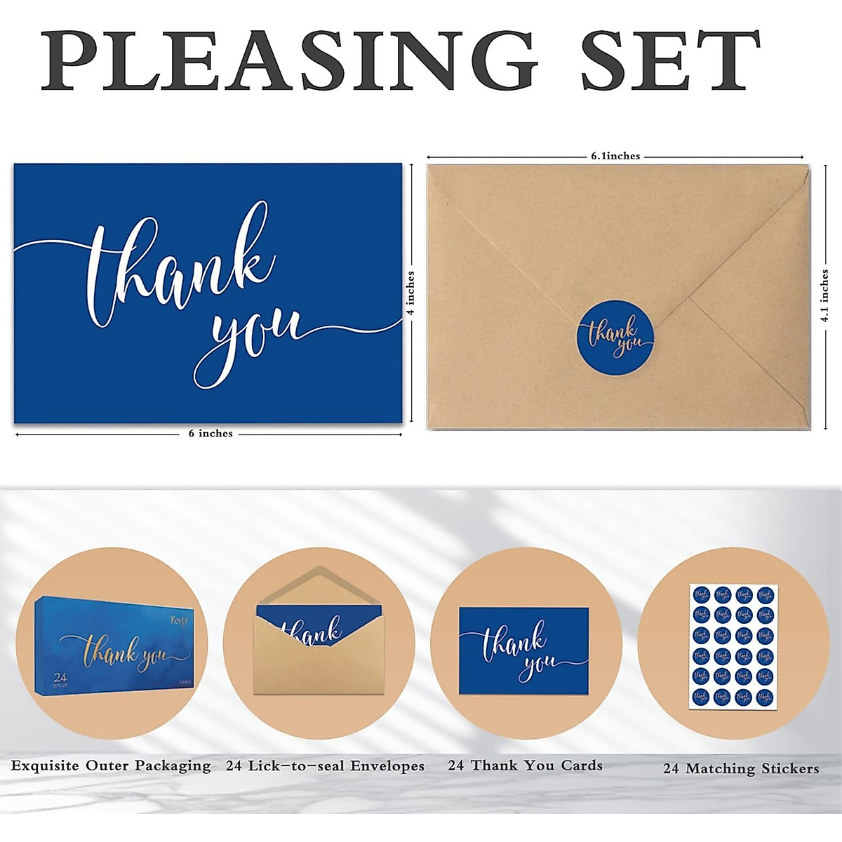 24 Pack Blue Thank You Cards With Envelopes and Stickers Leather Texture 4x6 Inch Blank Thank You Gift Note Cards Bulk for Wedding, Small Business, Baby Shower, Funeral, Graduation, Anniversaries