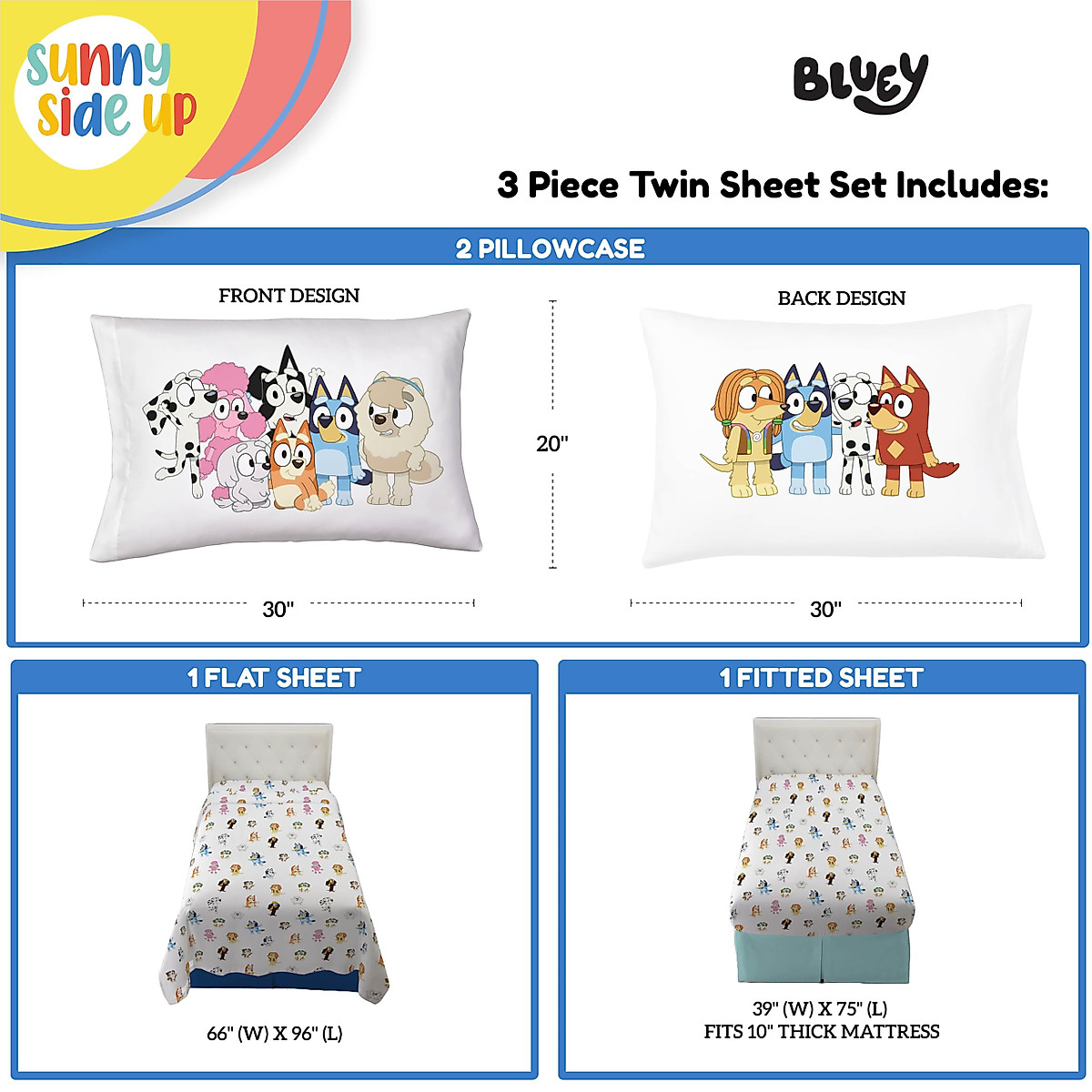 Bluey & Friends Twin Sheet Set - 3 Piece Kids Bedding Set Includes Pillow Cover - Super Soft Microfiber Sheets