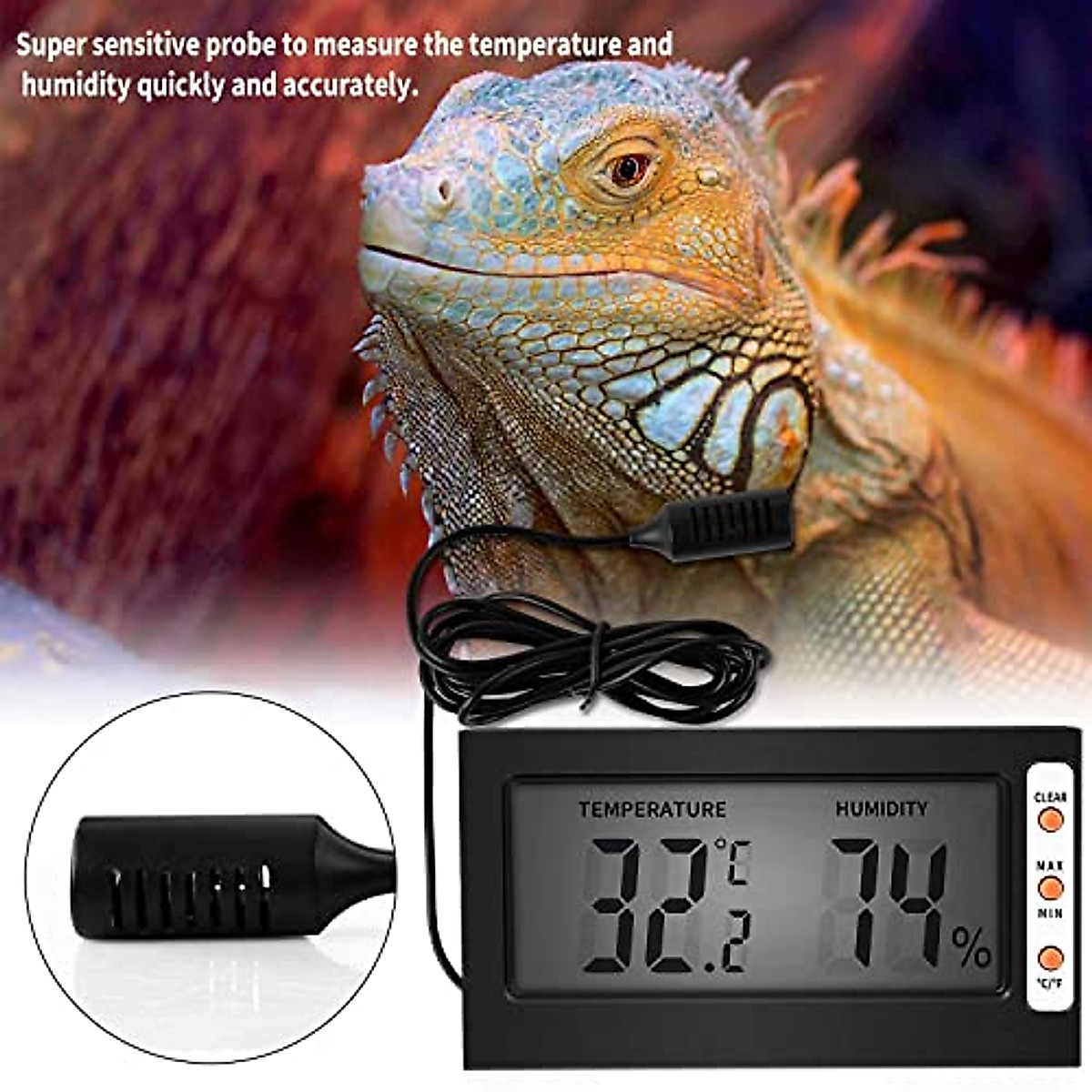 iPower 8" x 18" Reptile Heat Mat Under Tank Heater Terrarium Heating Pad for Amphibians and Reptiles Pet, Digital Thermometer and Hygrometer with Humidity Probe, Black