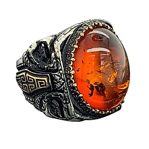 Mens Handmade Ring, Amber Stone Ring, Honey Amber Ottoman Mens Ring, Natural Stone, Men Ring, Gift for Him, 925k Sterling Silver Ring