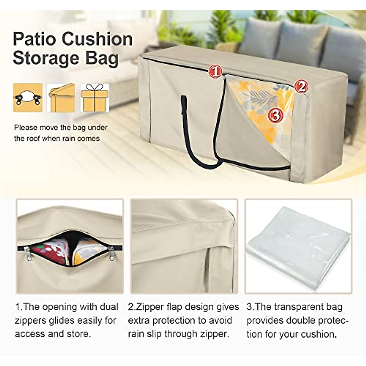 Porch Shield Outdoor Cushion Storage Bag 48 inch Waterproof Outside Storage Bags for Patio Furniture with Zippers and Handles