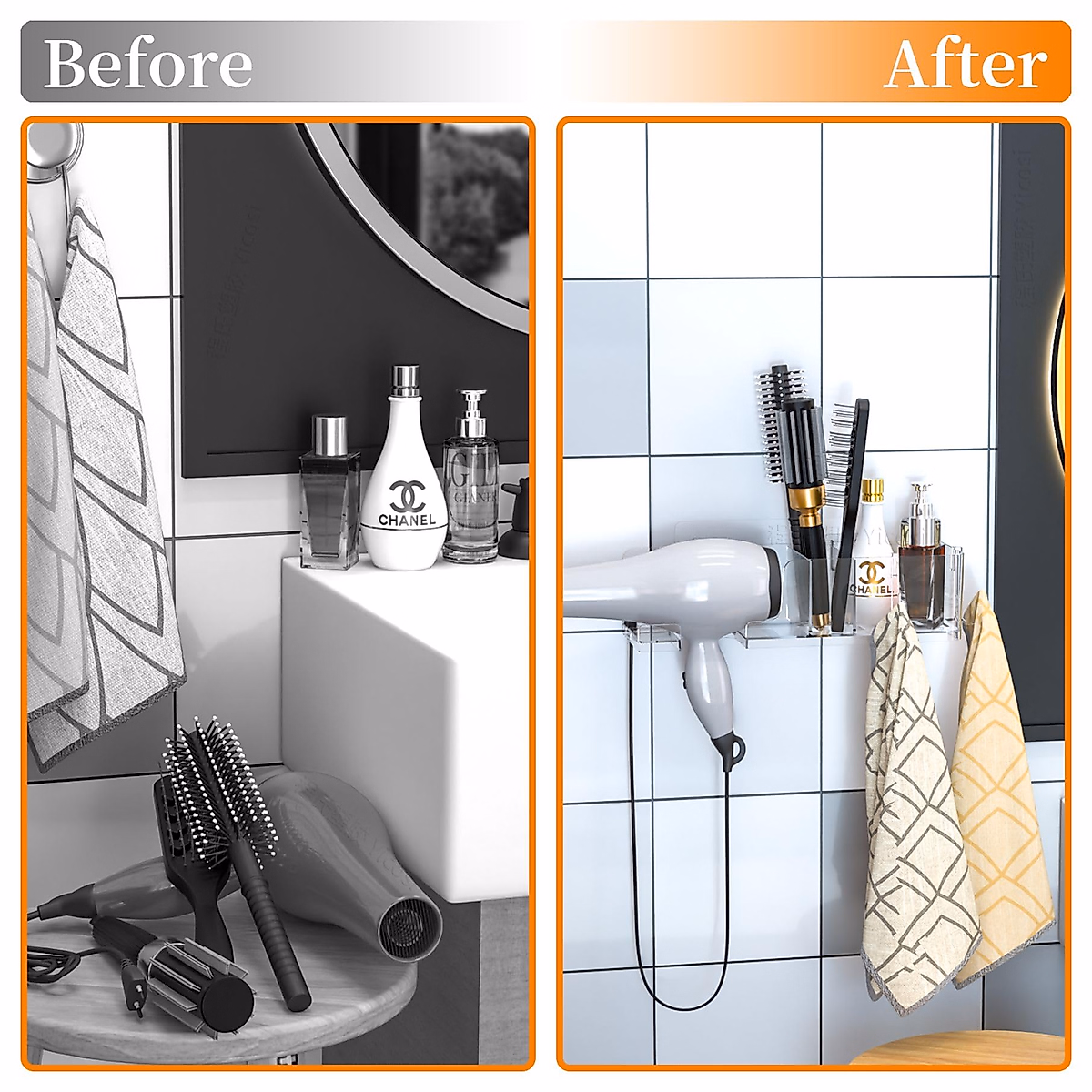 Clear Hair Dryer Holder, Blow Dryer Hanger Wall Mounted for Hair Dryer Hook with Plug&Cord Organizer Self Adhesive for Cabinet Door and Bathroom Organizer and Storage,Pack of 1