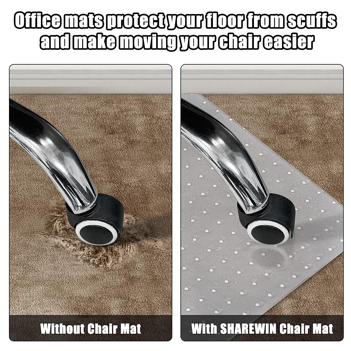 SHAREWIN Office Chair Mat for Carpet - Shipped Flat, Heavy Duty Anti-Slip Under Desk Protector for Low &Medium Pile Carpeted Floors, Plastic Rolling Computer Mats, 47"x29", Clear, No Divot, No Curl