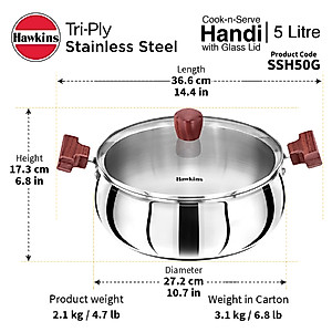 Hawkins Tri-Ply Stainless Steel Induction with friendly Cook-n-Serve Handi with Glass lid, Capacity 5 Liters, Diameter 10.7 Inch, thickness 3 mm, silver (SSH50G)