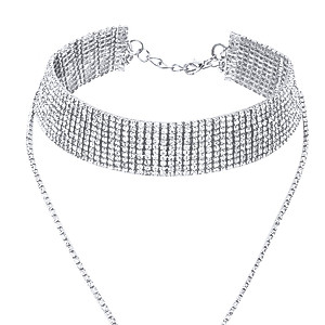 meekoo 2 Pieces Rhinestone Tassel Choker Necklace Multilayer Wide Collar Necklaces Tassel Chain Necklaces for Women Favor