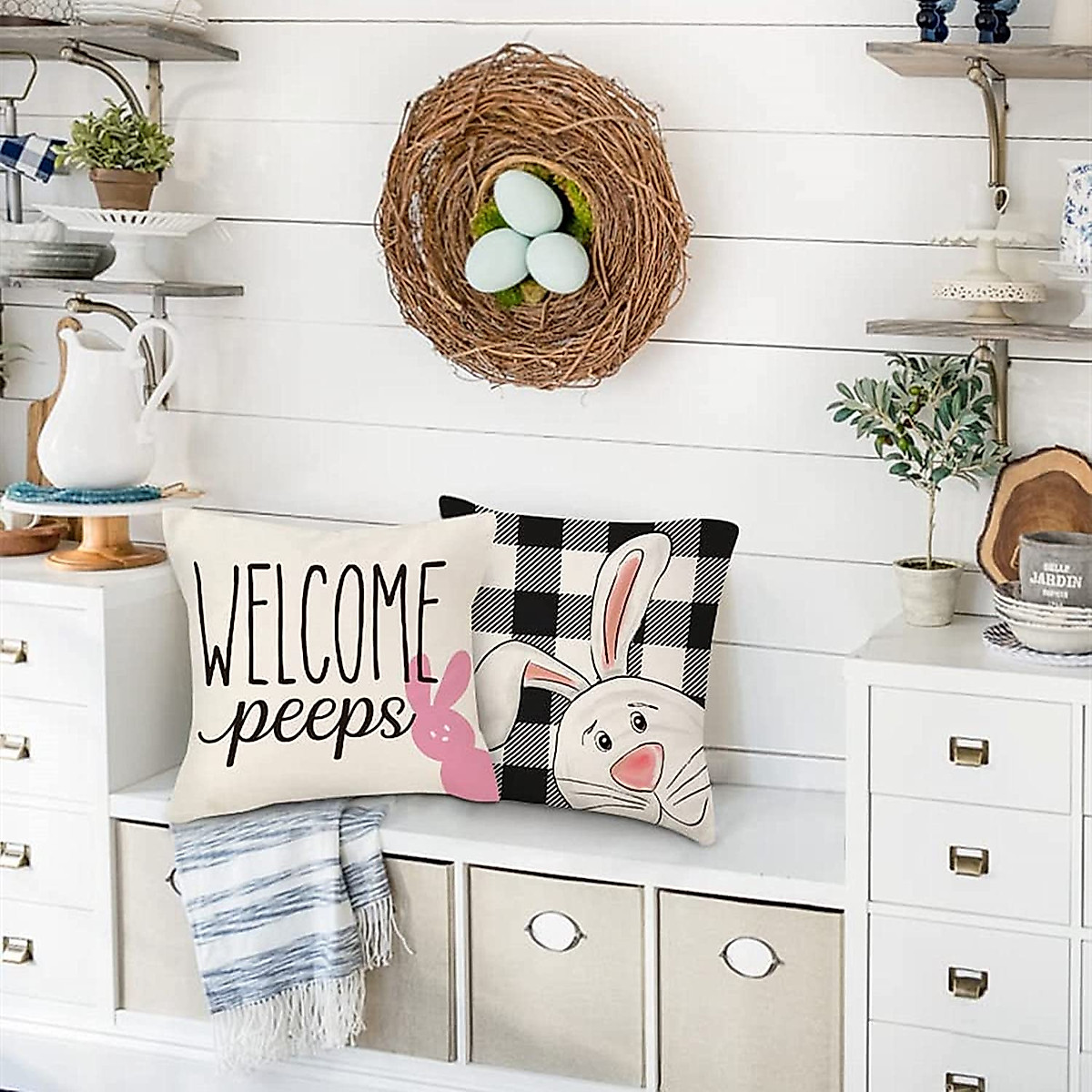 Easter Outdoor Pillow Covers, 18 x 18 inch Set of 4 Waterproof Throw Pillow Cases, Bunny Cushion Decor for Home Outside Patio Front Porch House Farmhouse B