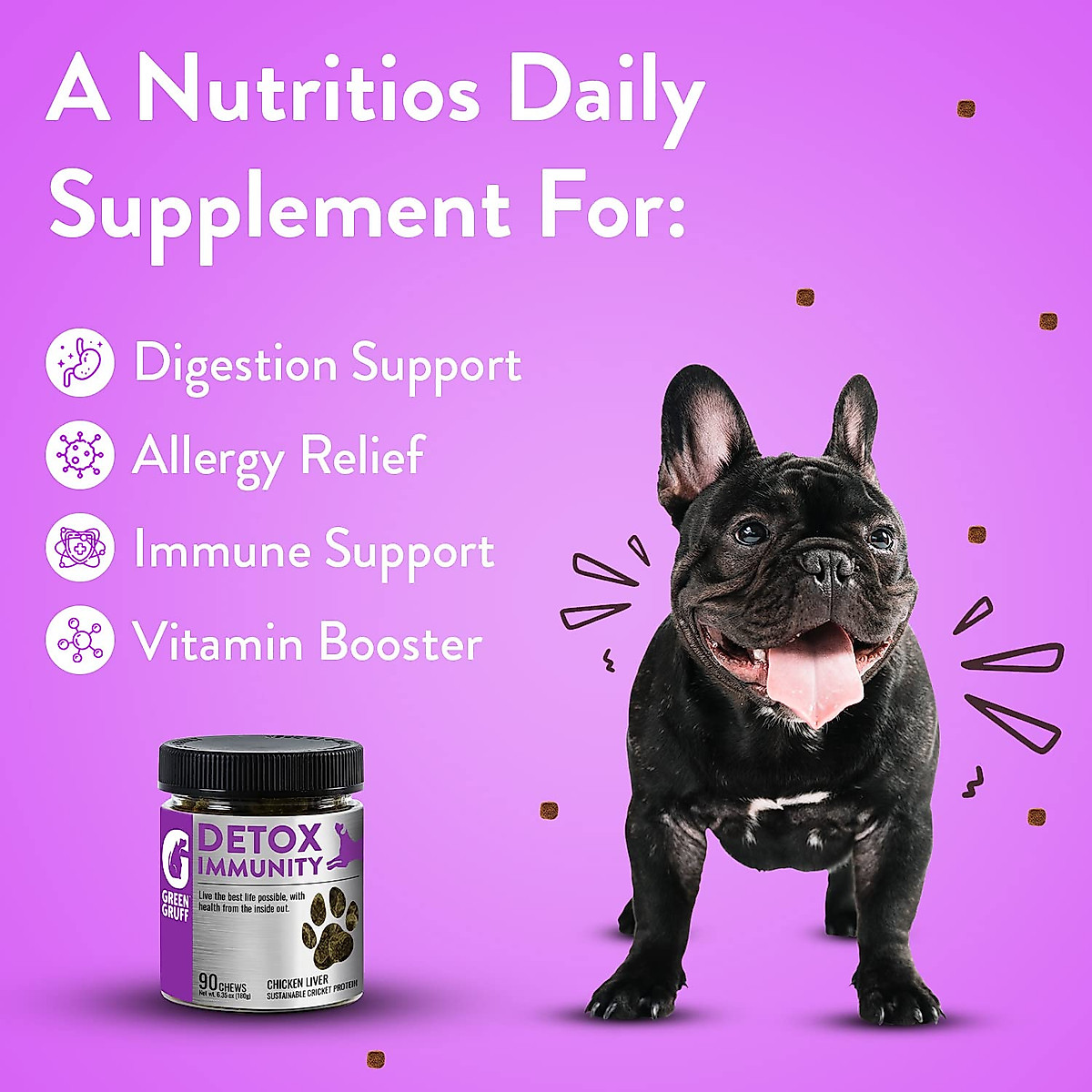 Green Gruff Dog Probiotics & Digestive Enzymes - Organic Dog Immune Supplement with Protein, Multivitamin & Omega 3 Fish Oil for Dogs - Made in USA - Dog Allergy Relief - Canine Probiotic - 90 Chews