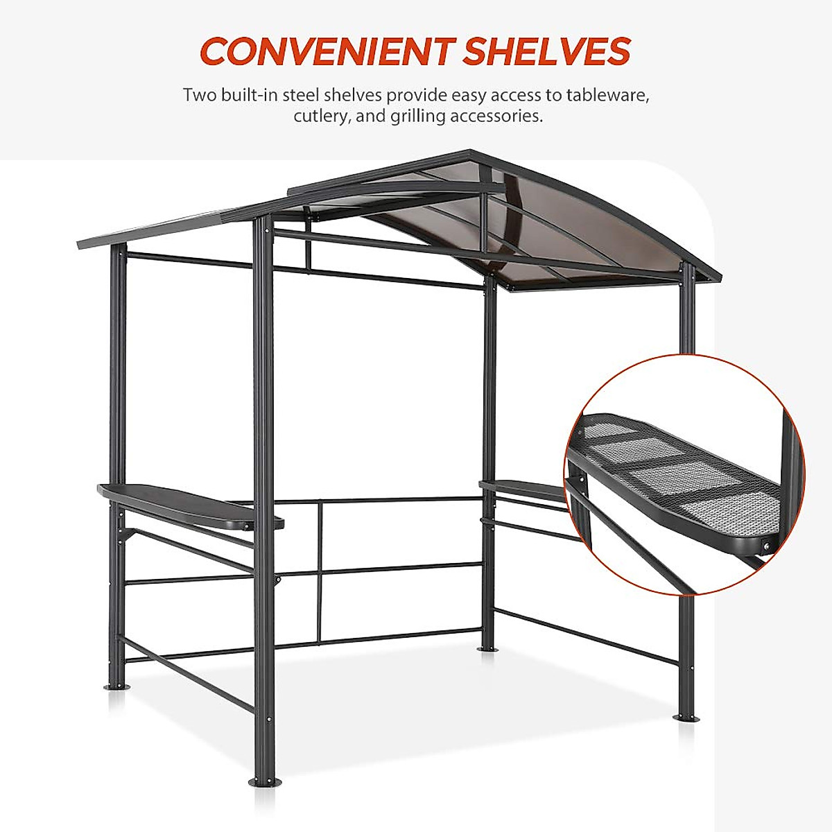COOS Bay 8x5 BBQ Grill Gazebo Outdoor Backyard Steel Frame Double-Tier Polycarbonate Top Canopy with Shelves Serving Tables