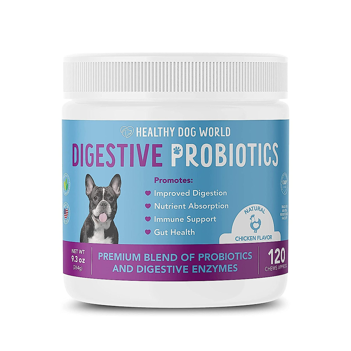 Healthy Dog World Digestive Chews with Enzymes - Probiotics for Dogs - Probiotic for Gut Flora, Digestive Health - Relieves Dogs Diarrhea - Bowel Support - Improves Digestion, Immunity - 120 ct.