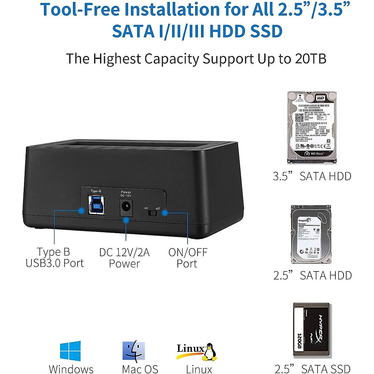 SSK USB 3.0 to SATA External Hard Drive Docking Station Enclosure Adapter for 2.5 & 3.5 Inch HDD SSD SATA, super speed up to 5Gbps, Support UASP no drivers needed(20TB Supports)