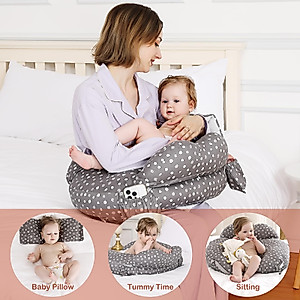 MOMTORY Nursing Pillow for Breastfeeding & Bottle Feeding Pillows 15° Tilt to Prevent Spitting Milk, Arm Pillow Support for Mom and Baby, Adjustable Waist Strap Cotton Cover, Grey