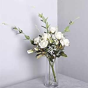 Tifuly Roses Bouquet Artificial Silk Flowers,2PCS Realistic Fake Roses Artificial Flowers with 9 Branch 12 Roses Heads Arrangement for Wedding Party Home Office Decoration (White)