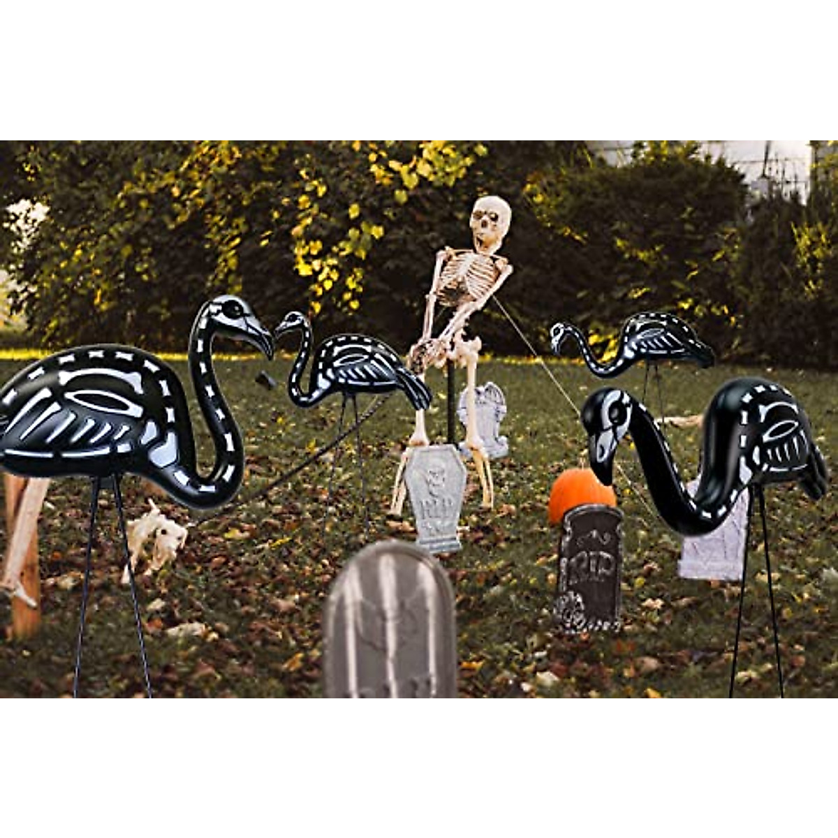 GiftExpress 4 PCS Halloween Black Flamingo Skeleton, Zombie Flamingos, Skull Flamingo with Stakes for Halloween Lawn Ornaments, Spooky Graveyard Decorations (4)
