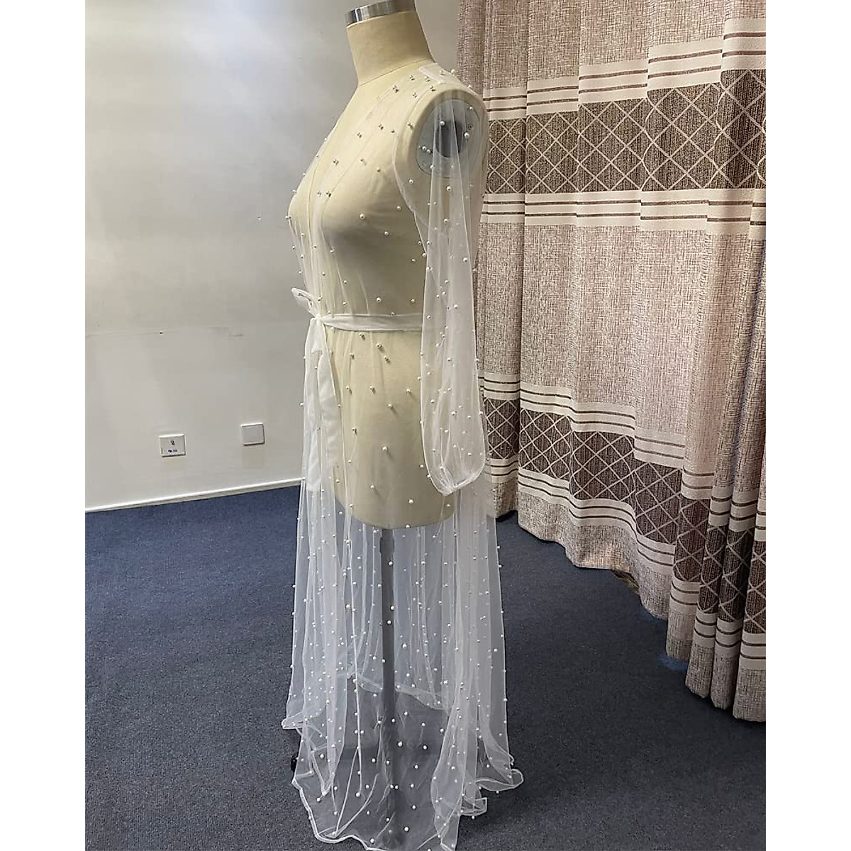 Pearl Long Sleeve Wedding Jacket Tulle Party Shawl BOLERO Floor-Length Bridal Cape Sexy pearl robe(white,M)