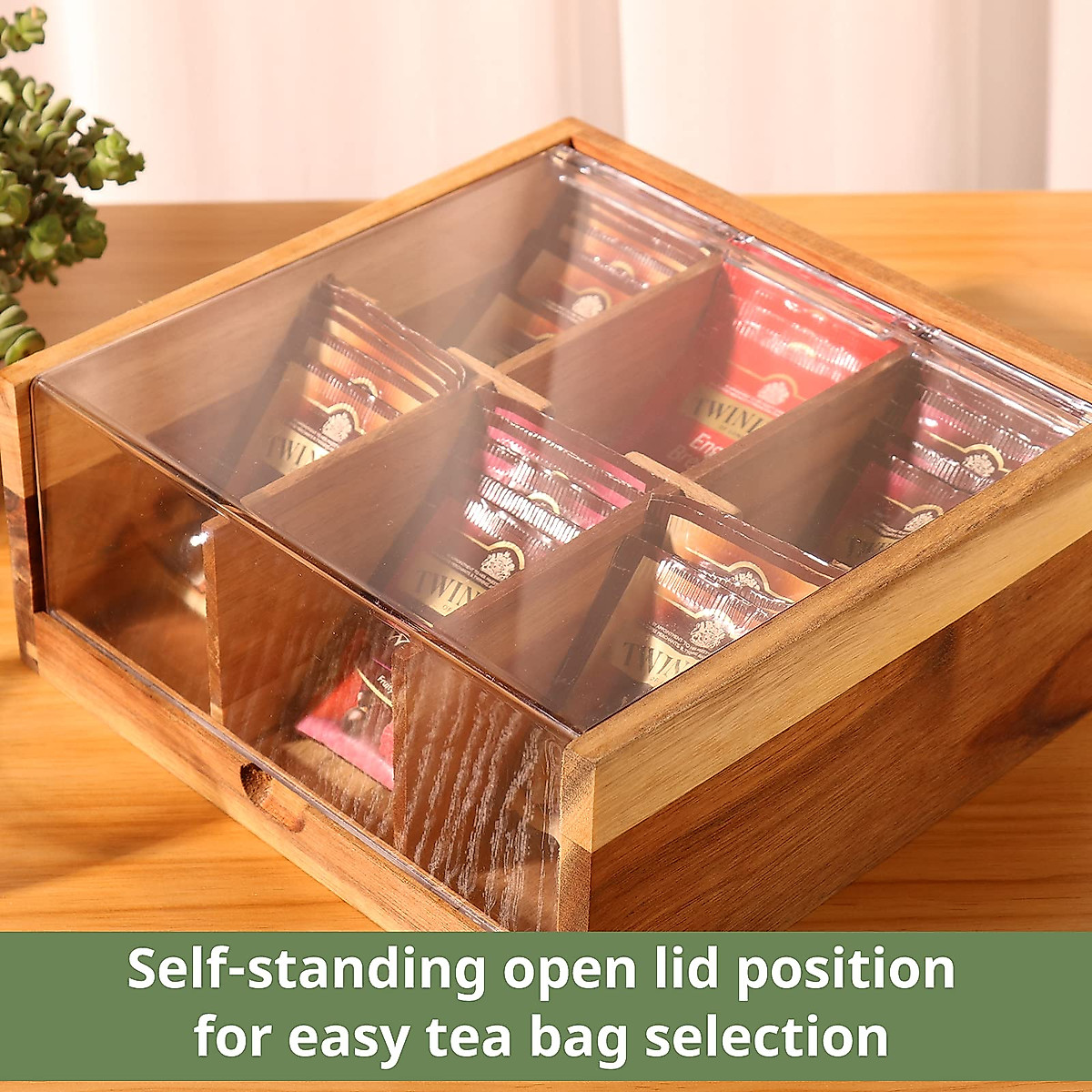 Acacia Wood Tea Bag Organizer Storage, Gift Box 6 Compartments Tea Chest Box with Acrylic Transparent Hinged Lid By HTB