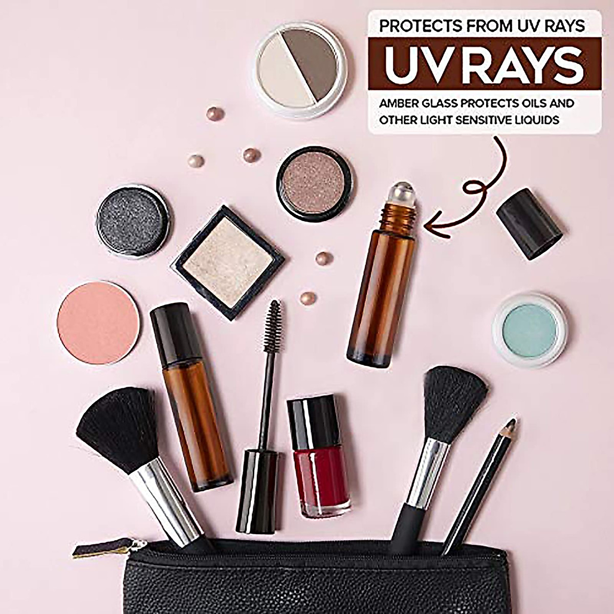 Essential Oil Roller Bottles, 48 Pack Hoa Kinh 10ml Empty Glass Amber Roller Bottles UV Protection with Stainless Steel Balls (10ml-48pack)