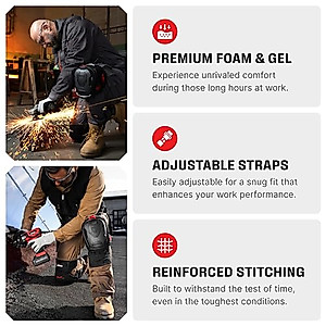 NoCry Professional Gel Knee Pads for Work — Heavy Duty Anti-Slip Cap, Extra Dual-Layer Foam and Cushion, Reinforced Adjustable Non-Slip Straps, Built-in Hangand Pull Loops, Fits Men Women, Black