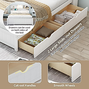 Twin Size Platform Bed with Bookcase Headboard, USB Charging Station and Downlight,Wood Twin Bed Frames with 2 Storage Drawers,Twin Storage Bed Frames for Kids Girls Boys,White