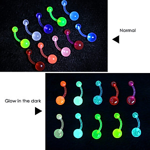 CM Crareesi Mania 10Pieces Belly Button Rings Glow in The Dark Belly Rings 14G Acrylic Flexible Banana Barbells Colorful Navel Piercing Jewellery Navel Bars