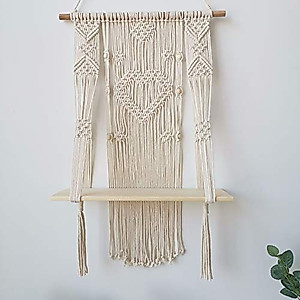 BLUETTEK Macrame Wall Hanging Shelf, Wood Floating Hanging Storage Shelf Bohomian Wall Decor (Heart)