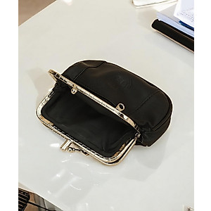 Women's Leather Metal Frame Double Clasp Zipper Coin Purse 5 1/4" x 3 1/4" (Black)