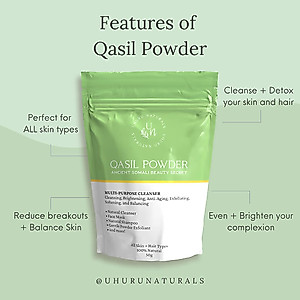 Uhuru Naturals Qasil Powder 20 Grams – Ancient Somali Beauty Secret, Gentle Deep Cleansing Facial Mask for Beautiful Glowing Skin. Reduces Dark Marks and Scars. Brightens. Detoxifies.