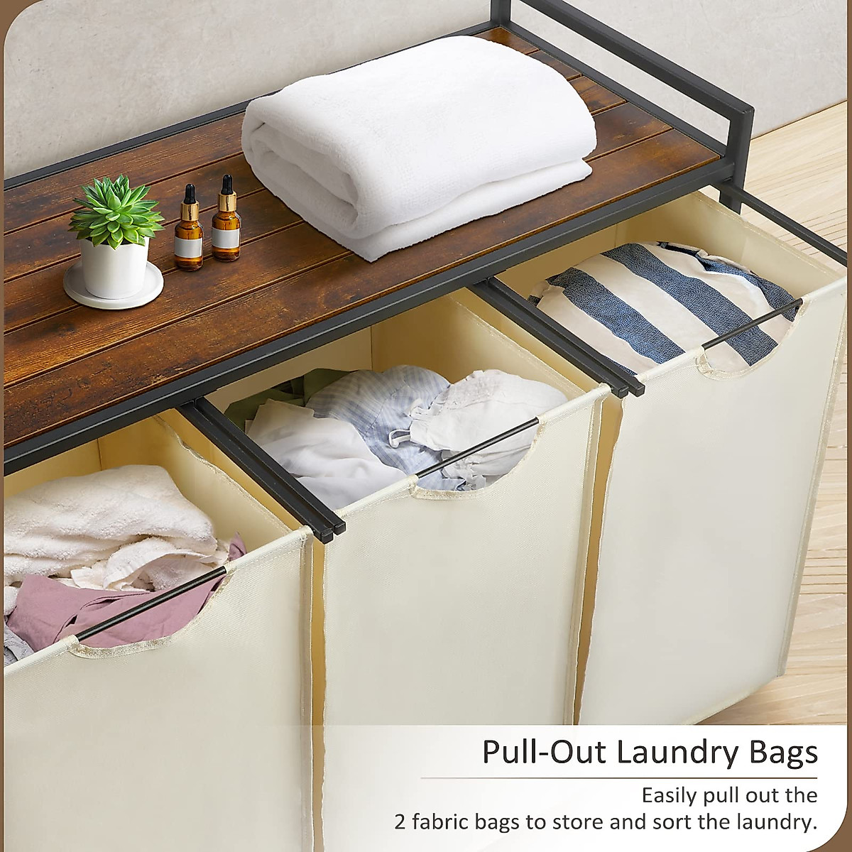 Graciadeco Pull Out Laundry Hamper 3 Compartment Laundry Sorter with Shelf 3 Section Laundry Basket with 3 x 16 Gallons Removable Bags, Beige