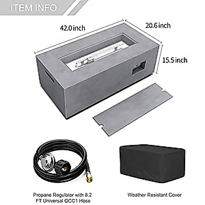 Kante 42 Inches Outdoor Propane Fire Pit Table, Rectangular Concrete Smokeless Gas Fire Pit Table for Patio Garden, 50,000 BTU Stainless Steel Burner, Waterproof Cover, Natural Concrete (A-R01-81921)