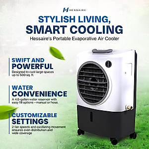 Hessaire Portable Heavy Duty Outdoor Evaporative Air Cooler Humidifier with High Density Grid Media Pad and Water Level Display, White