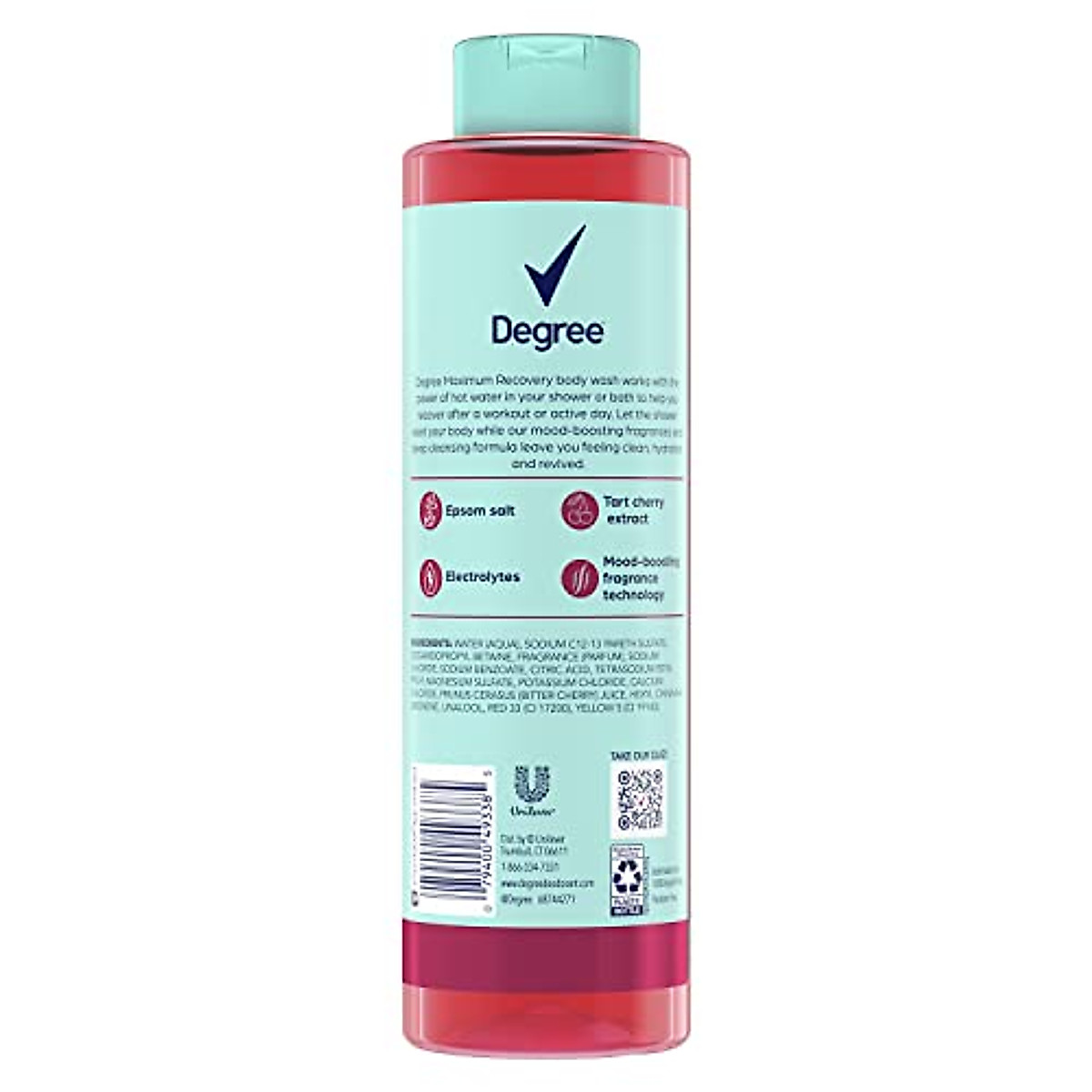 Degree Maximum Recovery Body Wash and Soak Post-Workout Recovery Skincare Routine Tart Cherry + Epsom Salt + Electrolytes Bath and Body Product 22 oz, Pack of 4