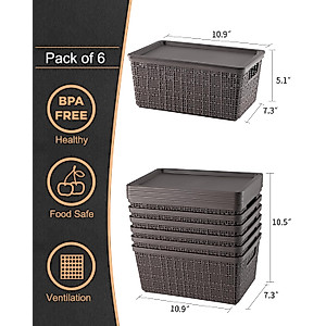 EOENVIVS Plastic Storage Baskets with Lids Kitchen Organizers and Storage Containers Organizer Bins Small Baskets for Shelves Drawers Desktop Closet Playroom Classroom Office, Brown, 6 Pack