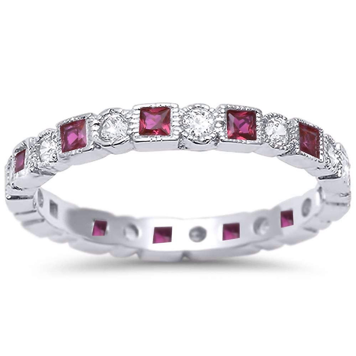 Oxford Diamond Co Antique Style Simulated Ruby & CZ Stackable Eternity Band .925 Sterling Silver Ring Sizes 7
