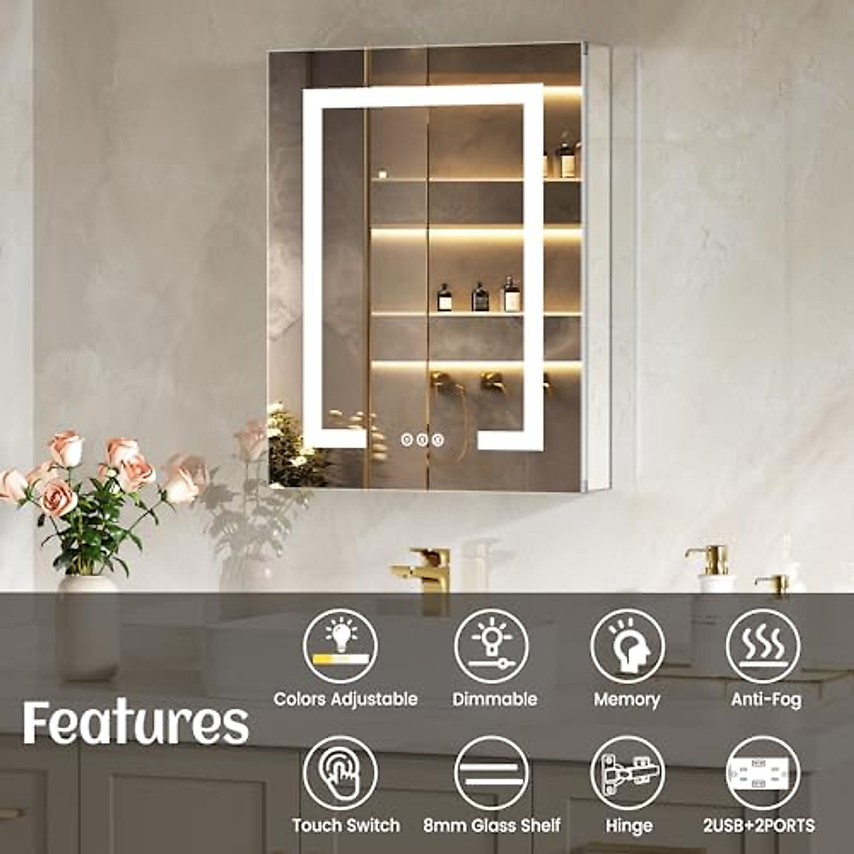 ROOMTEC LED Lighted Medicine Cabinet with Mirror 20"*26",Bathroom Mirror Cabinet with Lights, Outlet and USB, Recessed or Wall Mounted, Adjustable Shelf, 3-Color, Dimmer, Anti-Fog
