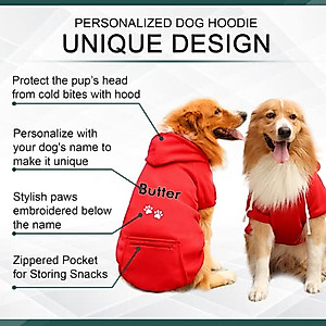Personalized Dog Hoodie - Stylish Custom Dog Shirt with Embroidered Dog's Name and Paws - Hooded Dog Sweatshirt Warm - Red Cotton Dog Hoodies Winter Pullover with Pockets - X-Large