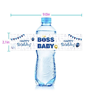 Ambishi 32 Pcs Boss Boy Water Bottle Labels, Boys 1st Birthday Party Decoration Stickers, Baby Shower/Gender Reveal Party Favors Water Bottle Decor Sign