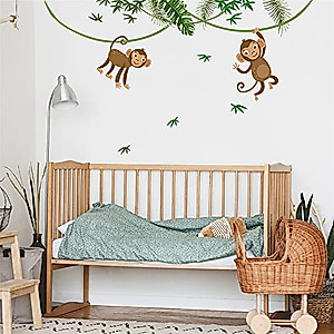 Large Size Tropical Palm Green Leaf Plant Animals Jungle Wall Decals For Kids Room Bedroom Cute Monkey Zebra Giraffe Big Vinyl Self-adhesive Wallpaper Peel and Stick Woodland Forest Kindergarten Decoration Sticker Removable DIY Nursery Mural