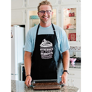 ApronMen, Funny Baking Apron Stressed Is Just Desserts Spelled Backwards - Adjustable Straps - One Size Fits All Grilling Apron With Pockets - Cotton Kitchen Cooking Chef Apron