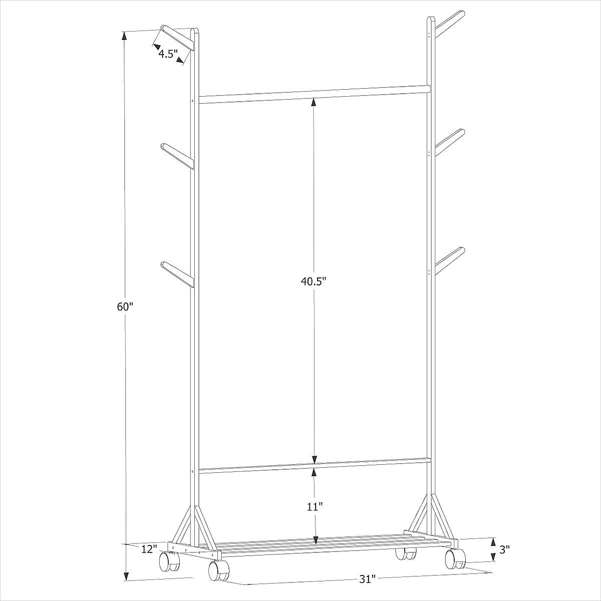 MoNiBloom Bamboo Garment Racks with Wheels 2-in-1 Freestanding Rolling Clothes Rack with Bottom Storage Shelf Closet Organizer with 6 Side Hooks for Hanging Clothes Hats Scarves, Natural