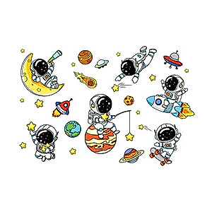 WAFT YEARN Lovely Astronauts and Planet Wall Decals Universe and Stars Wall Sticker Space Art Wall Clings Removable Vinyl Stickers For Nursery Boy's Girl's Bedroom Kid’s Room School Living Room Bedroom TV Sofa Background Decoration Murals