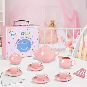 Porcelain Tea Party Set for Little Girls, 22Pcs Princess Tea Time Toy Including Teapot,Saucers,Teacups,Sugar Bowl,Creamer Pitcher,Spoons & Tablecloth, Kids Kitchen Pretend Play for Girls Boys