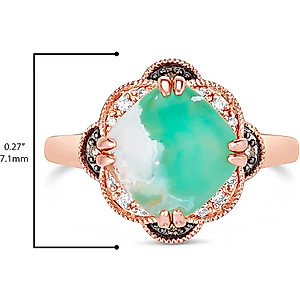 LE VIAN 3 1/4 Carat Cushion Shaped Green Aquaprase Cabochon White Topaz and Smoky Quartz Milgrain Flower Statement Ring for Women in 14k Rose Gold Plated 925 Sterling Silver Promise Ring Size 10