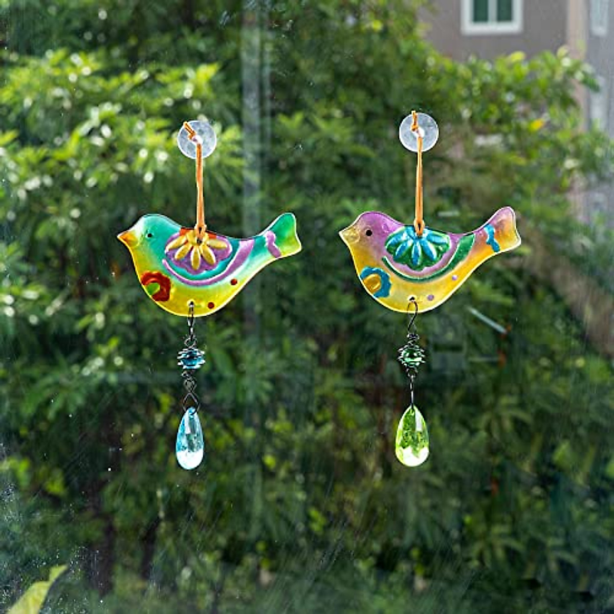 Fused Glass Bird Window Suncatcher,Indoor and Outdoor Hanging Decoration,with Crystal Pendant and Suction Cup,2 Pack Ornament for Home and Garden