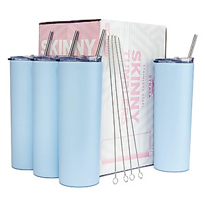 STRATA CUPS Periwinkle Skinny Tumbler with Lid and Straw (4 Pack) - 20 Oz Double Wall Insulated Stainless Steel Slim Tumbler with Straw Cleaner, Reusable Metal Tumbler for Hot and Cold Drinks