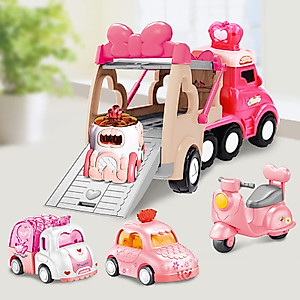 seveclotree 9 in 1 Carrier Truck Cars Toys for Girls Toddlers,Pink Princess Girl Car with Light and Sound,Toddler Girl Toys Age 1-2 2-4,Toys for 1 2 3 Year Old Girls Birthday for Baby Girl…