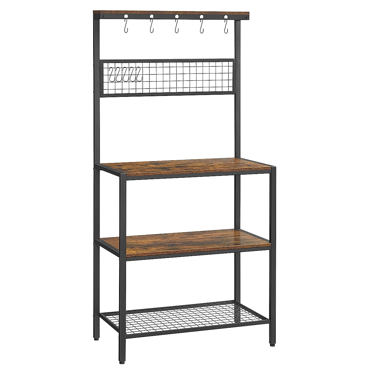 VASAGLE Bakers Rack, Coffee Bar, Kitchen Storage Shelf Rack with 10 Hooks, 3 Shelves, Adjustable Feet, for Microwave Oven, 15.7 x 33.1 x 66.9 Inches, Industrial, Rustic Brown and Black UKKS17BX