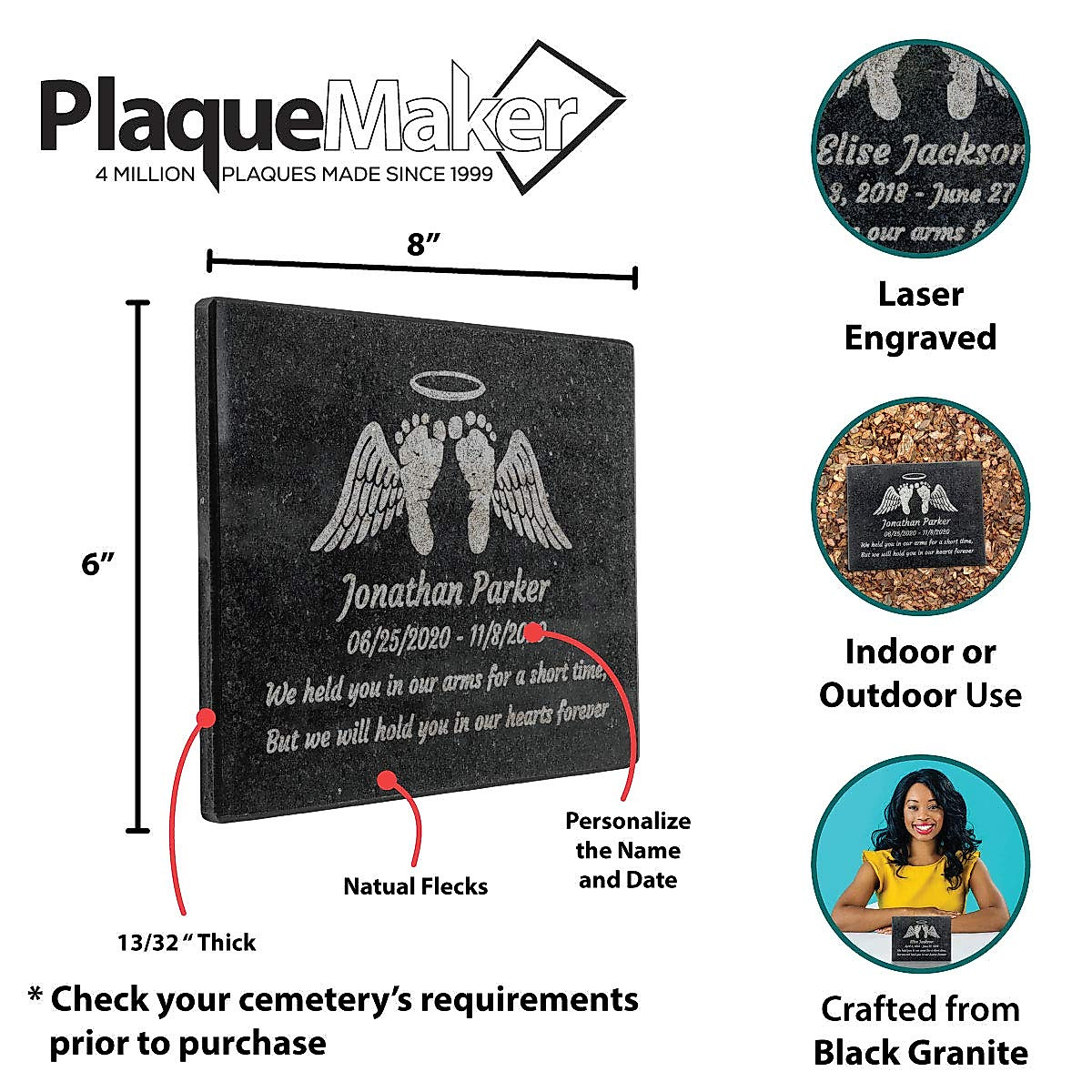 Black Granite Memorial Headstone Or Garden Memorial for Lost Infant or Child - Include You Personalized Text. Can be Used as a Sympathy Gift, Garden Stone or Grave Maker (6 x 8 x 0.4)