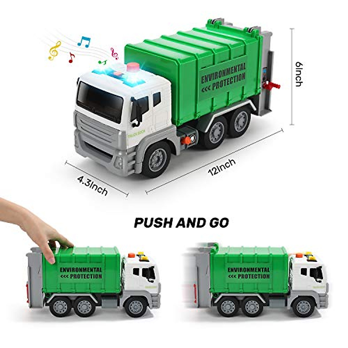 12" Garbage Truck Toys Trash Truck Recycle Truck with Sound and Light, Friction Powered Truck with 4 Garbage Cans, Push and Go Pull Back Car, Environmental Education Toys, Birthday Gift for Boys