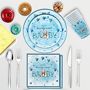 Oigco Teddy Bear Baby Shower Tableware Plates and Napkins - We Can Bearly Wait Baby Shower Decorations Supplies for 24 Guests Boy Bear Theme Party Supplies Kids Birthday Party and Baby Shower