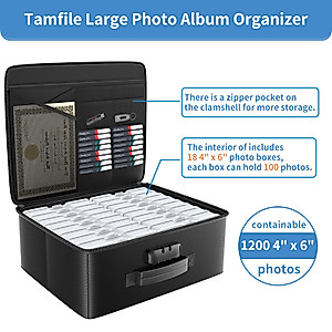 Fireproof Safe Photo Storage Box with 18 Inner 4" x 6" Clear Photo Cases, Portable Photo Organizer with Lock for Picture, Collapsible Photo Container with Handle and 18 Boxes 4 Sheet Label Stickers