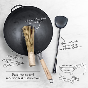 Mammafong Traditional Hand Hammered Pre-seasoned Round Bottom Carbon Steel Wok Set with Wok Spatula and Bamboo Brush (14 inch preseasoned wok set)…